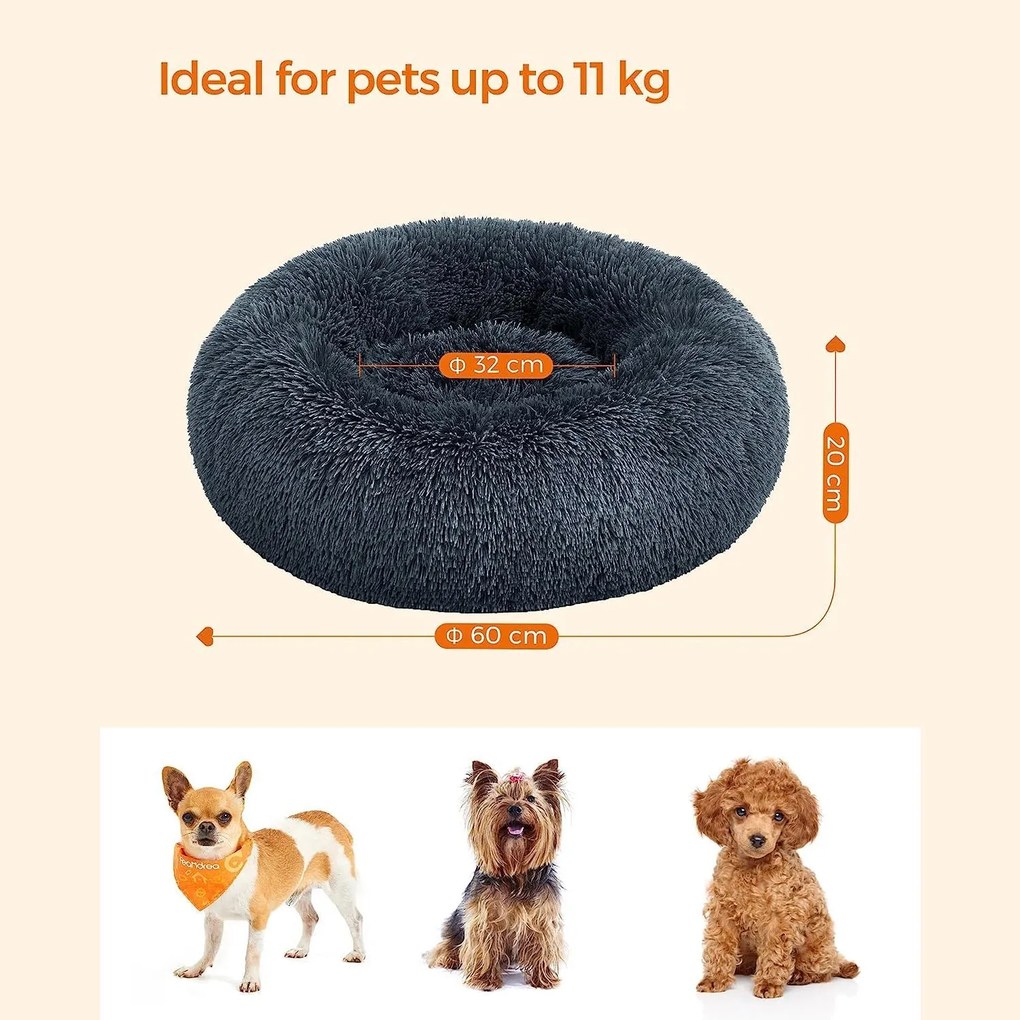 Feandrea psí postel, kočičí postel, s měkkým plyšovým povrchem 60 cm, tmavě šedá