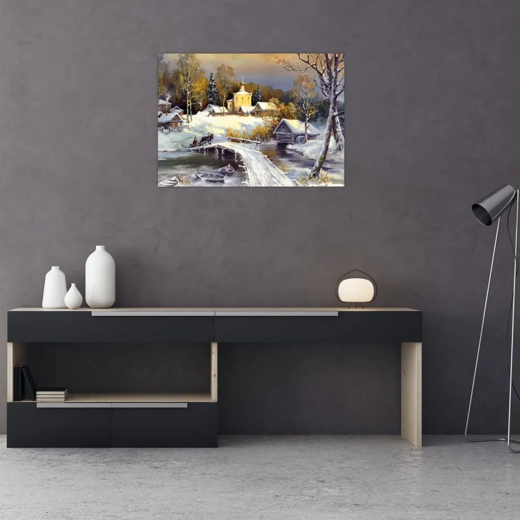 Skleněný obraz - Zimní městečko (70x50 cm)