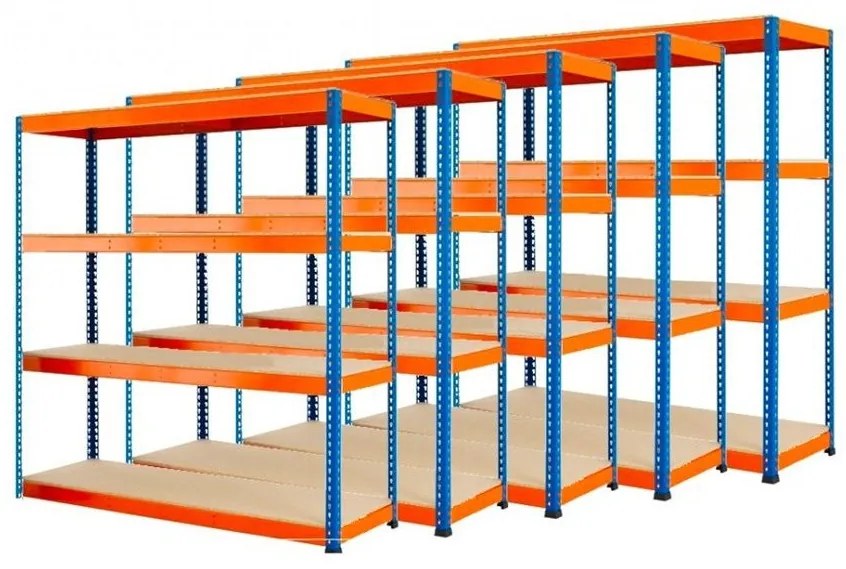 Fistar AKCE - Balíček 5x Regál 1800x1200x450 mm PROFESIONÁLNÍ, lakovaný 4-policový, nosnost 1600 kg - MODRO-ORANŽOVÝ