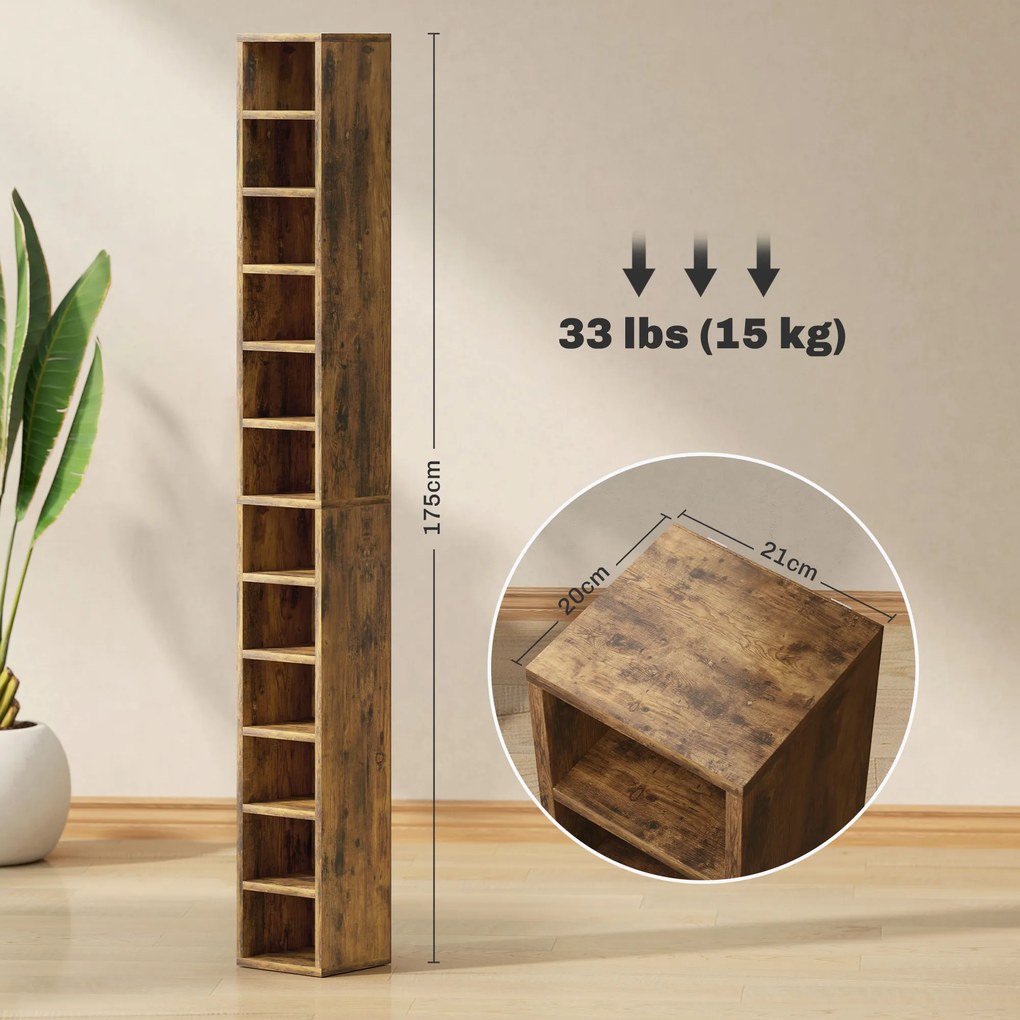 HOMCOM stojan na CD/DVD, vysoký regál se 12 přihrádkami, pojme až 204 disků, rustikální hnědá — 175 × 21 × 20 cm