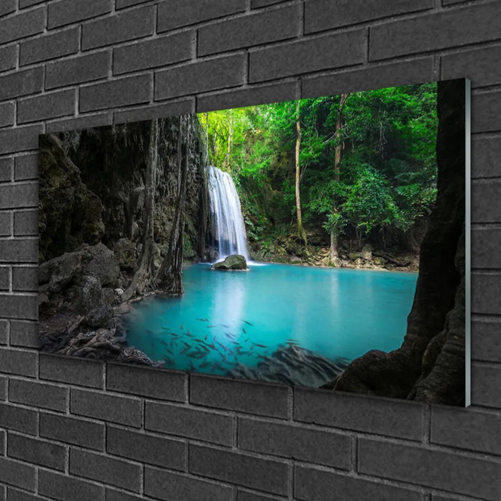 Obraz na skle Jezero Vodopád Příroda 120x60 cm