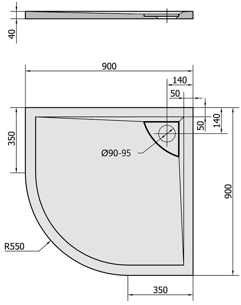 Polysan, LUSSA sprchová vanička z litého mramoru se záklopem, čtvrtkruh 90x90x4cm, R550, 71602