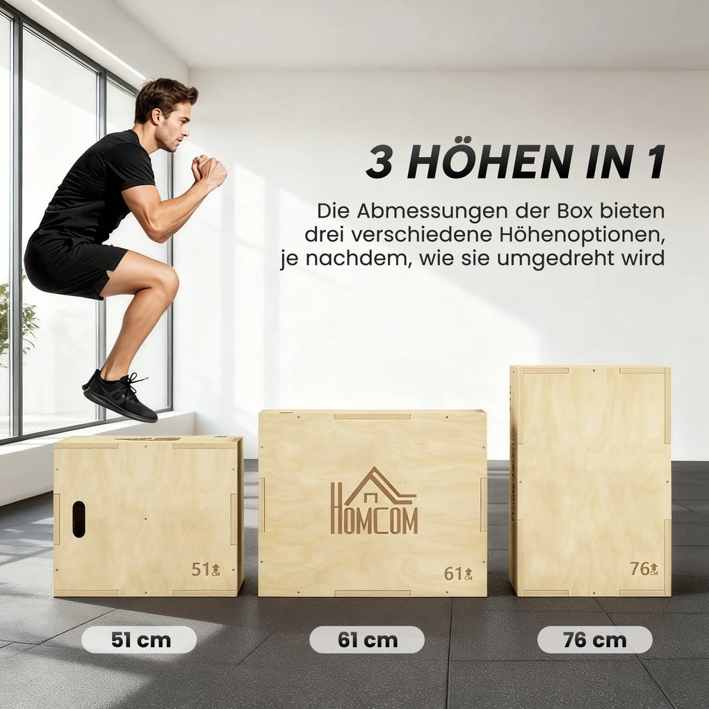 HOMCOM plyo Box 3 v 1 Dřevěný plyometrický box se 3 výškami skoku Rukojeti 61 x 51 x 76 cm Přírodní dřevo