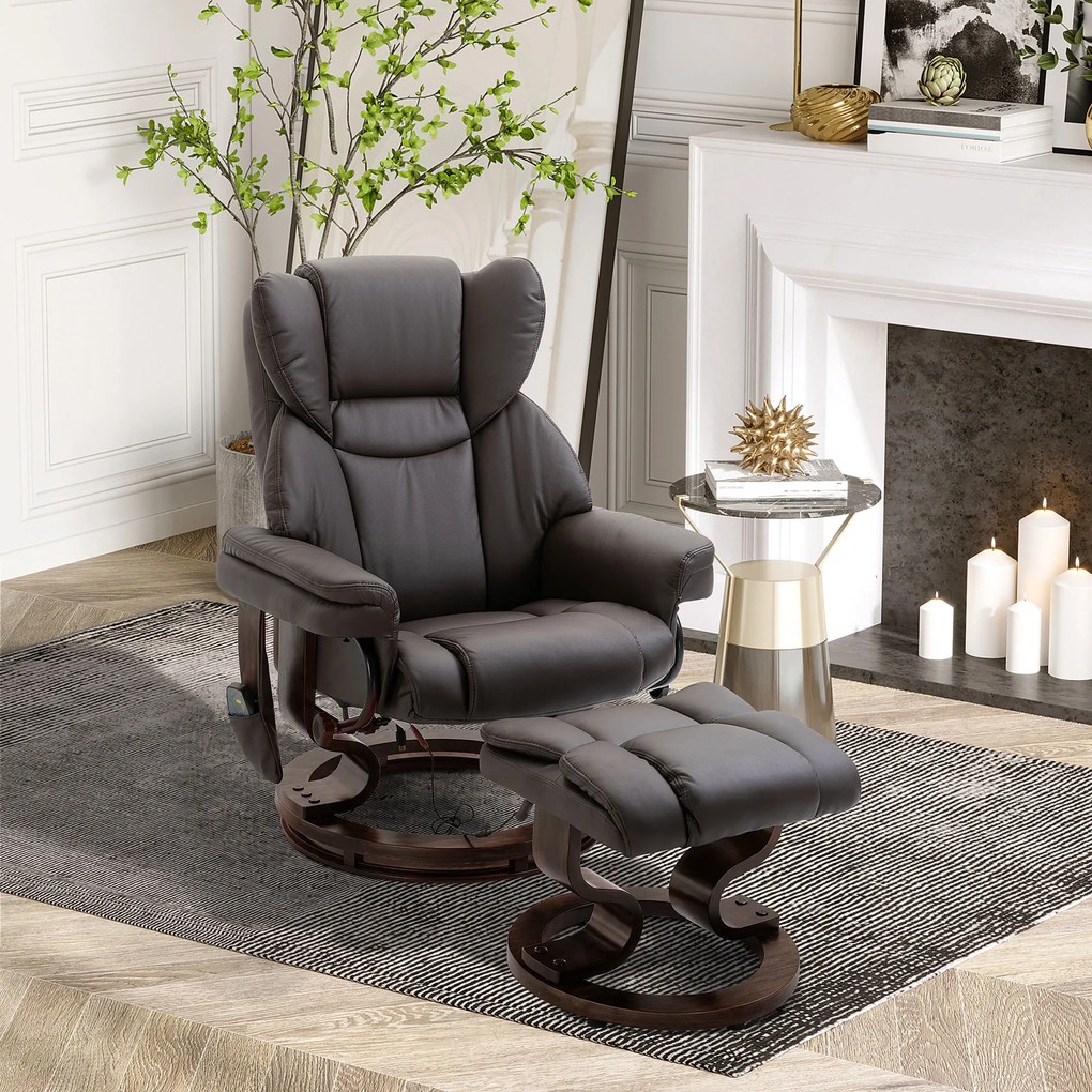 HOMCOM polohovatelné masážní křeslo s podnožkou a funkcí polohování, imitace kůže, hnědá 79x82x101 cm, pohodlné pro relaxaci a wellness