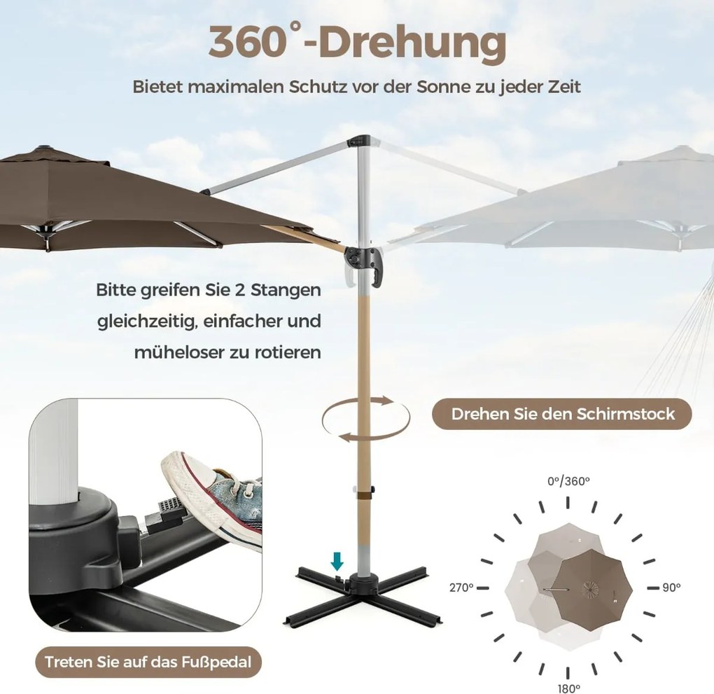 Costway Slunečník Ø 330 cm s klikou a UPF 50+ a 360° otočný, hnědý