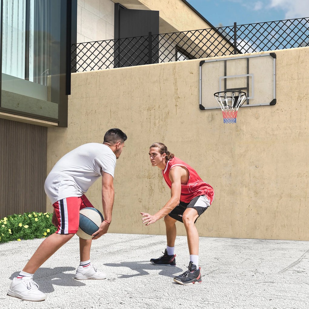 Nástěnný basketbalový koš SPORTNOW s basketbalovou deskou a sítí 113 x 61 x 73 cm z oceli pro venkovní aktivity v bílé barvě | Aosom.de