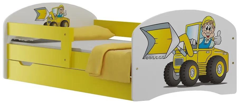 Dětská postel s motivem MALÝ BAGRISTA  se zábranou Rozměr: 200x90, Matrace: bez matrace, Barevná kombinace: DUB CANYON / BÍLÁ