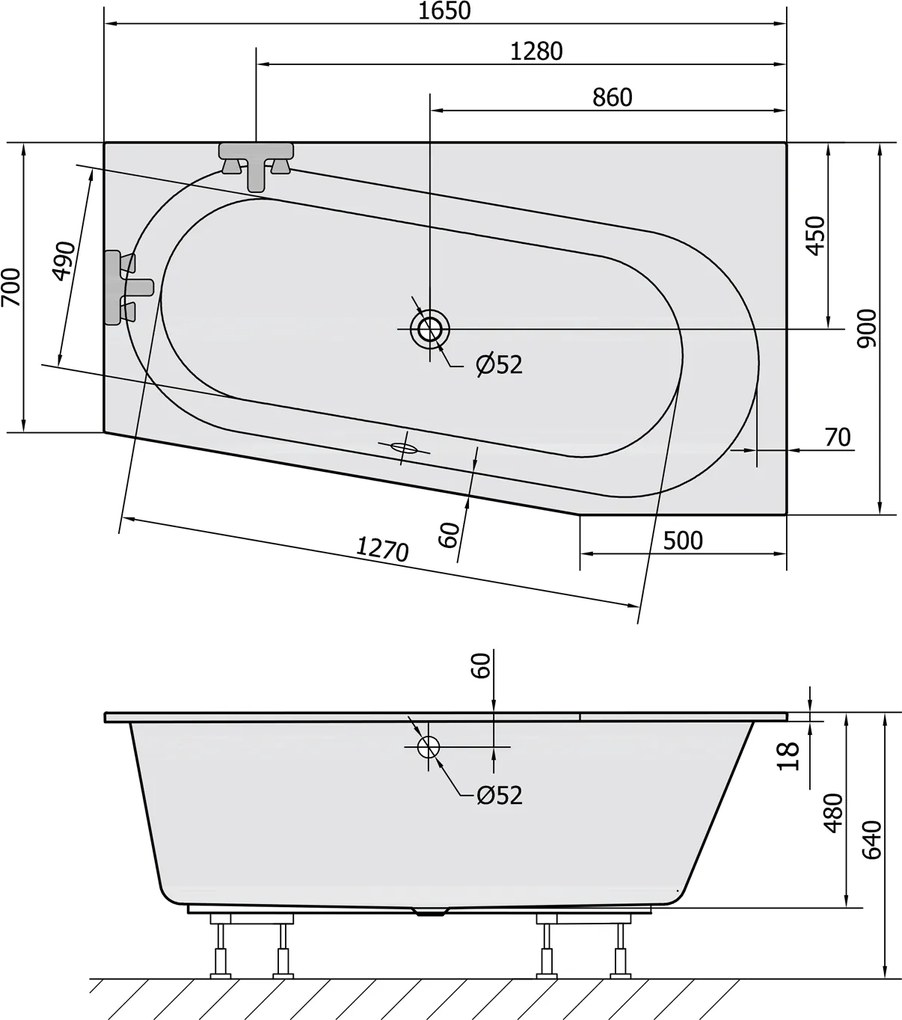 Polysan ASTRA WR SLIM 165 x 90 x 48 cm 31611S asymetrická vana pravá bílá