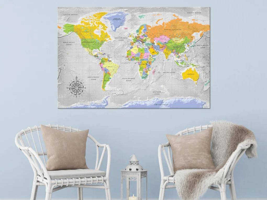 Obraz Směr cesty (1-dílný) - Šedý odstín mapy světa s nápisy