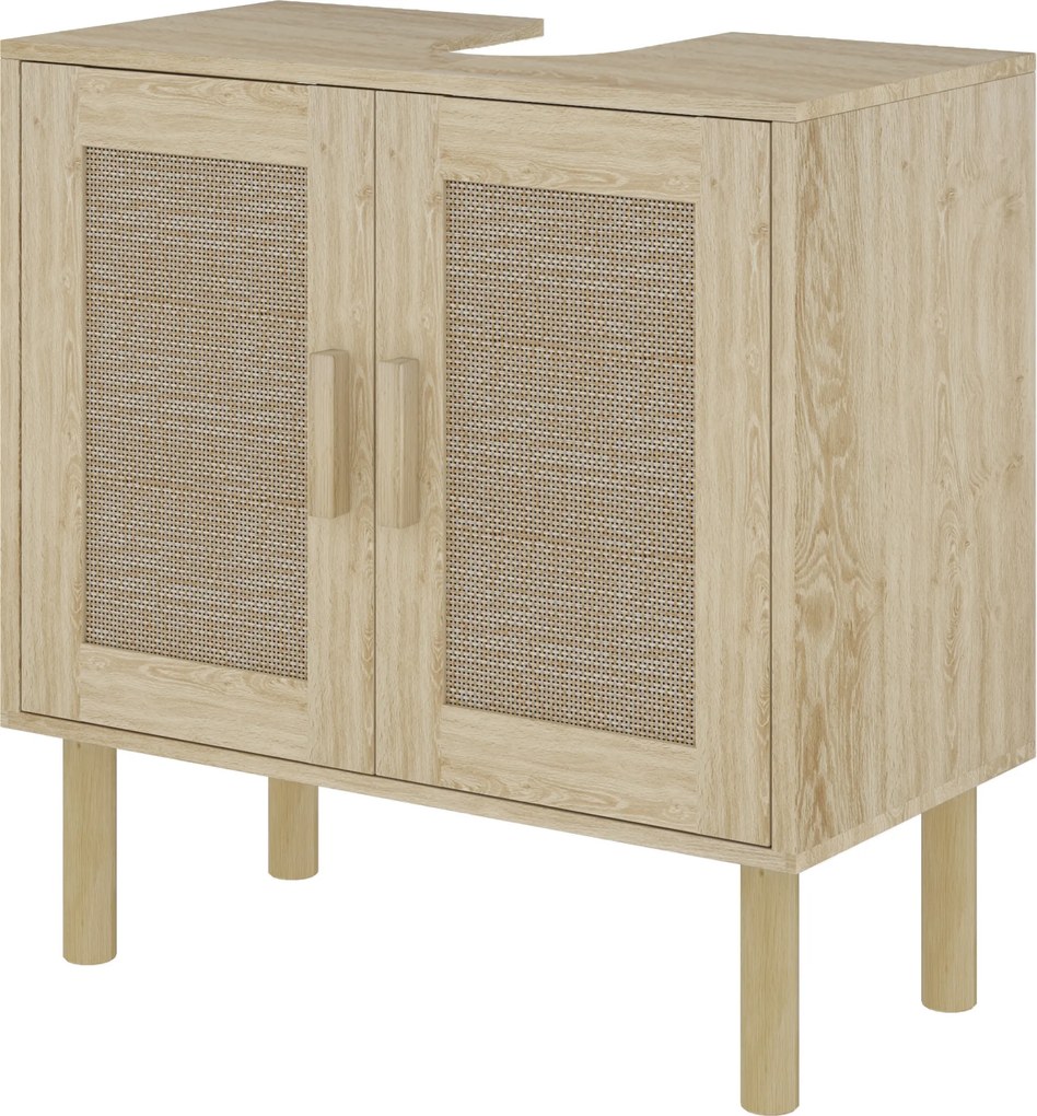 HOMCOM koupelnová skříňka pod umyvadlo, úložný prostor, ratanové dveře, bohémský styl, nohy z borovice, 2 úrovně, 60 x 30 x 60 cm, Dub