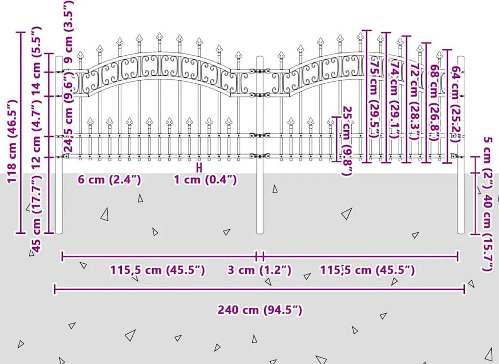 Zahradní plot KAMPEN s kopím nahoře černý 240 x 75 cm ocelový 151084