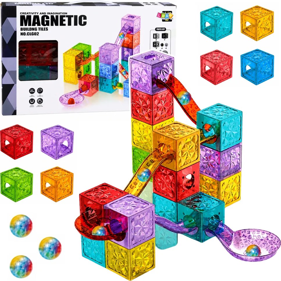 LEAN Toys Magnetické stavebnicové kostky – kostky, kuličková dráha, barevné, 28 ks.
