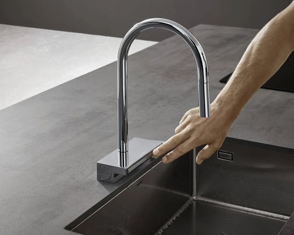 Hansgrohe M81, dřezová baterie Aquno Select s výsuvnou koncovkou a plochým sprchovým proudem, chromová, 73837000
