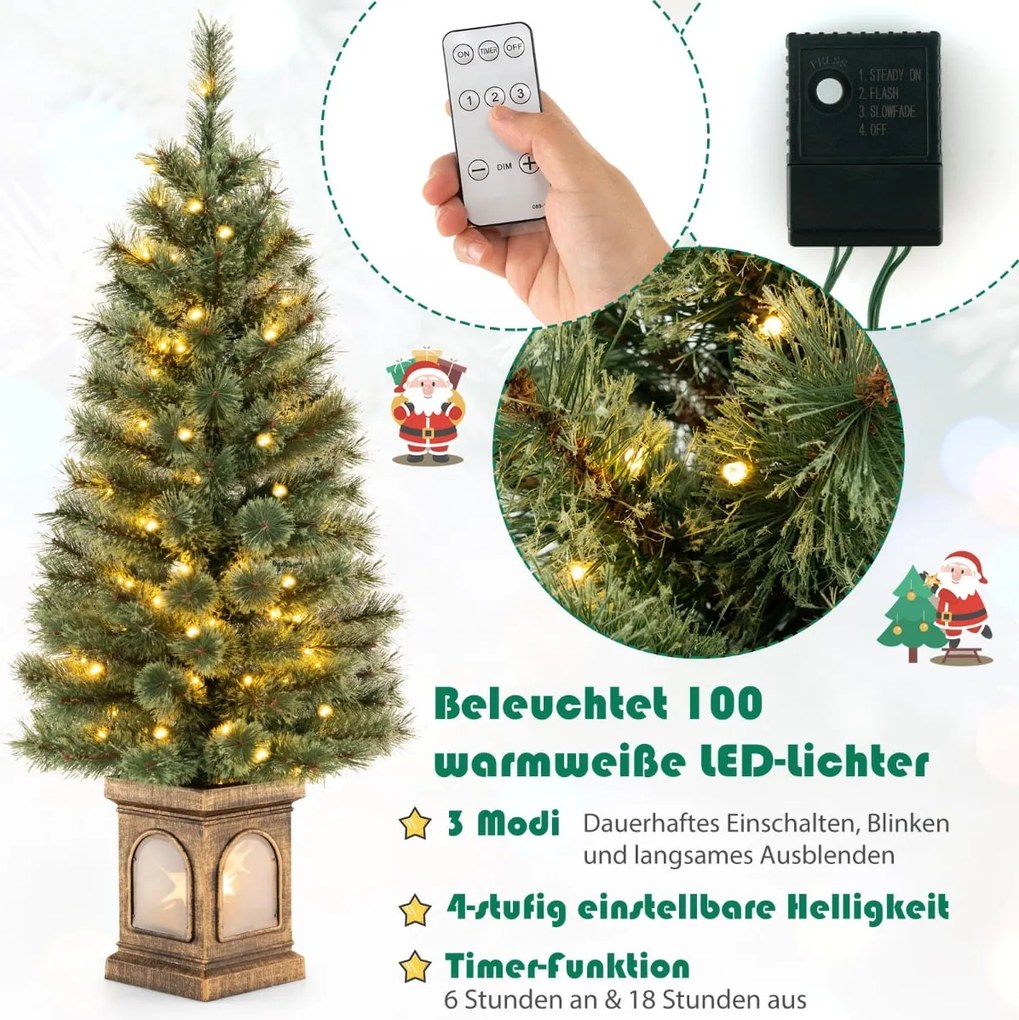Costway 120 cm Umělý vánoční stromek v květináči se světly a světly, časovačem