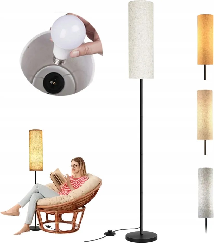 Podlahová Lampa 175 CM, 3 Barvy Světla S Žárovkou E27 A Lněnou Nohou