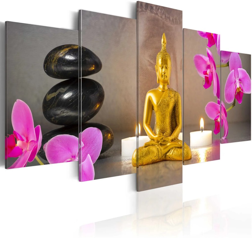 Obraz - Golden Buddha and orchids 100x50