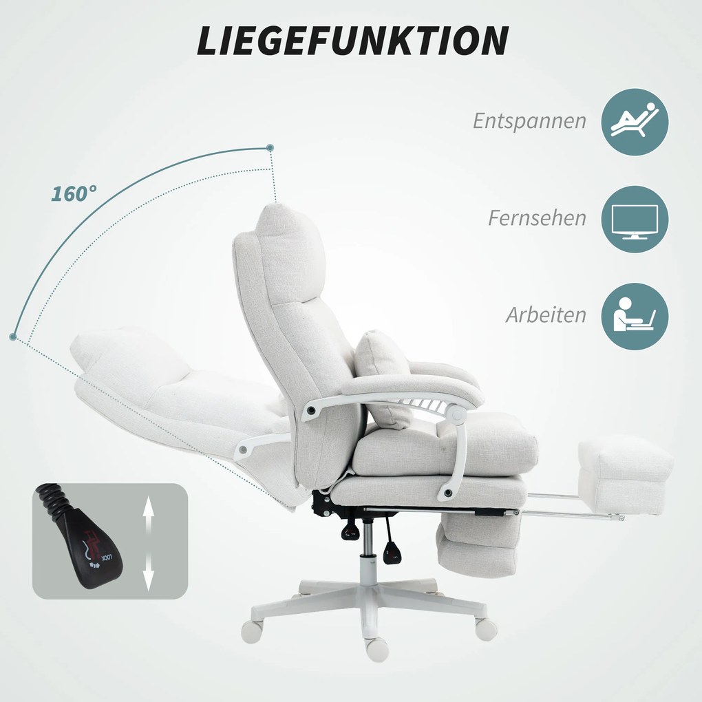 HOMCOM Ergonomická kancelářská židle s bederní oporou, vysokým opěrákem, podnožkou, výškově nastavitelná otočná židle s vzhledem lnu, polstrovaná poč…