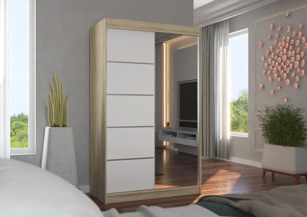 Šatní skříň s posuvnými dveřmi Limbo - 120 cm Barva: Bílá/dub Sonoma