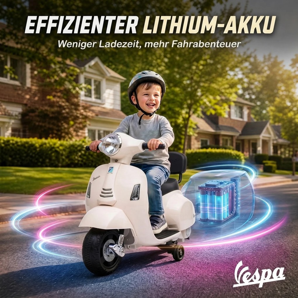 AIYAPLAY Elektro motorka pro děti Mini Vespa GTS 6V s lithiovou baterií, ergonomické sedadlo, opěrka zad, 1,5-3 roky 370-484V90WT
