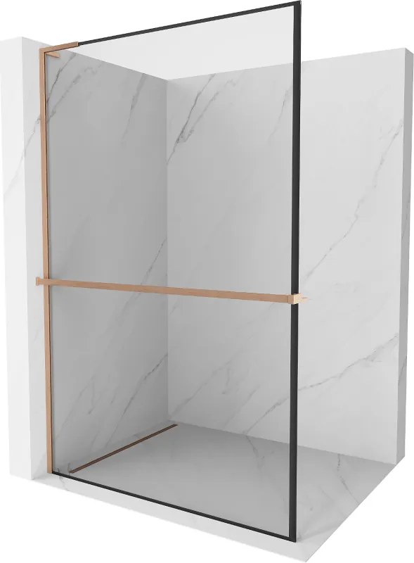 Mexen Kioto+ L, sprchová zástěna Walk-In s poličkou a věšákem 110 x 200 cm, 8mm čiré sklo černý vzor, ​​měděný matný profil, 800-110-123-65-70