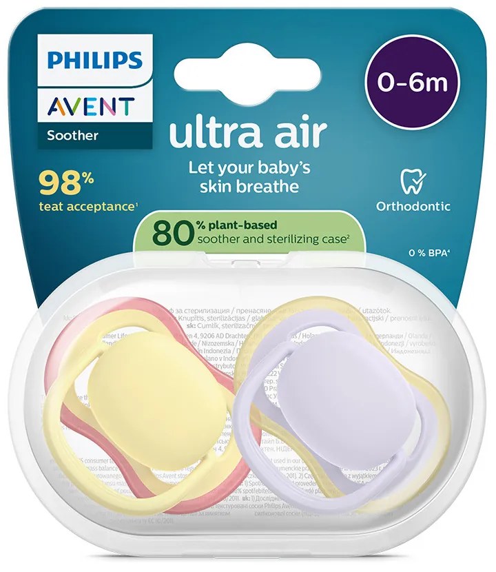 PHILIPS AVENT Šidítko Ultra air 0-6 m 2 ks Philips Avent Dívka (fialová/žlutá)