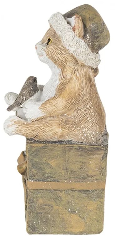 Vánoční dekorativní soška kočky s čepicí na dárku – 5x4x10 cm