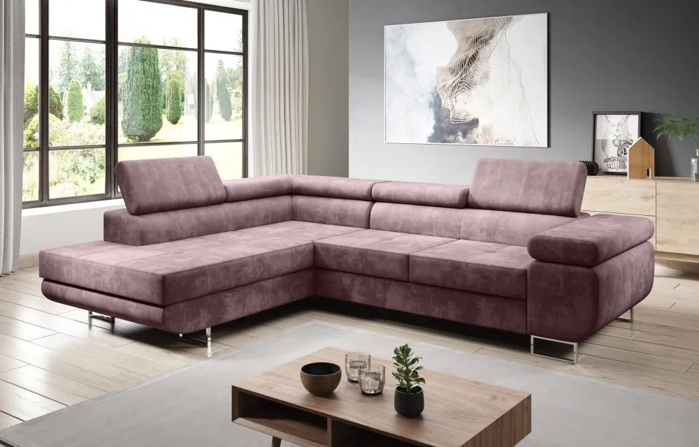 Rozkládací rohová sedačka ALBERTO DELUXE pravý roh růžová