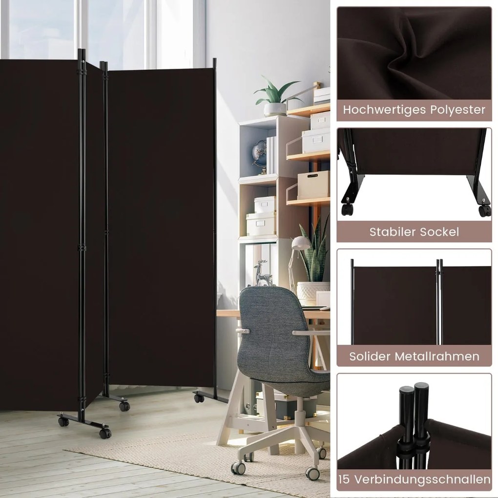 Costway Šestidílný skládací paraván na kolečkách 172 cm, hnědý