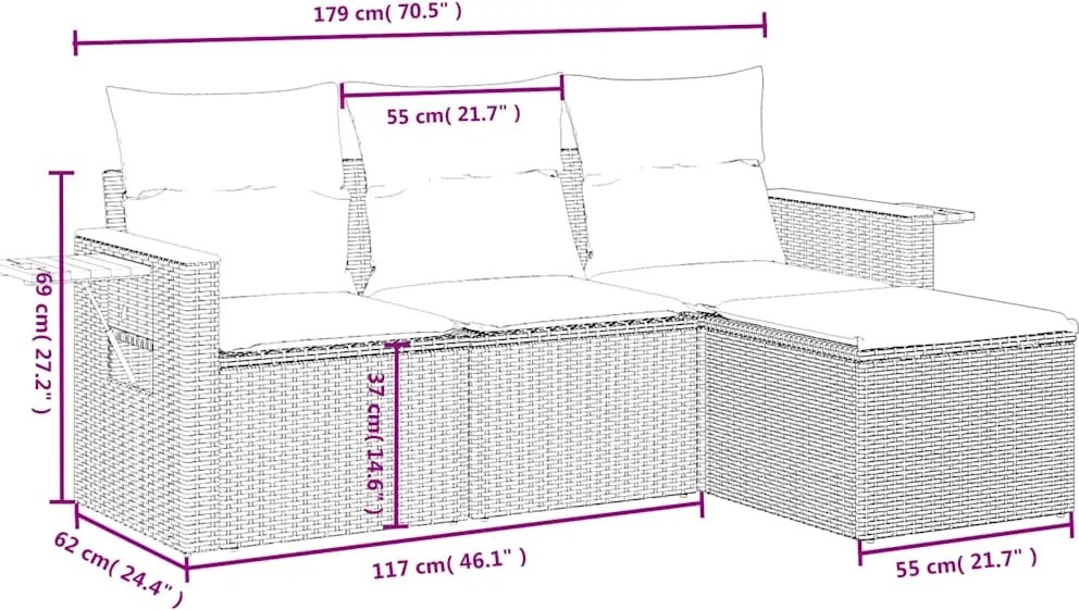 4dílná zahradní sedací souprava s poduškami černá polyratan 3259143