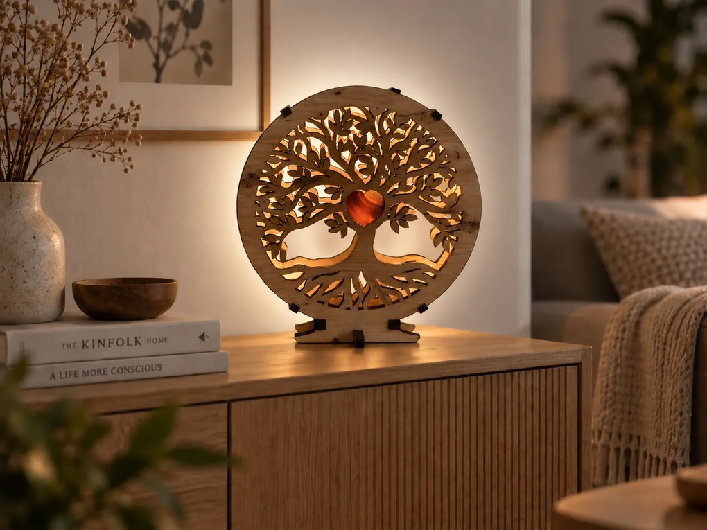 Li-Go "Strom života s achátovým srdcem" dřevěná lampa s dvojitým podsvícením  20x22 cm/dub provedení povrchu: bříza