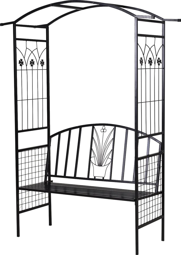 Zahradní oblouk Outsunny s lavičkou, kovový treláž na popínavé rostliny, černý, 154 x 60 x 205 cm | Aosom