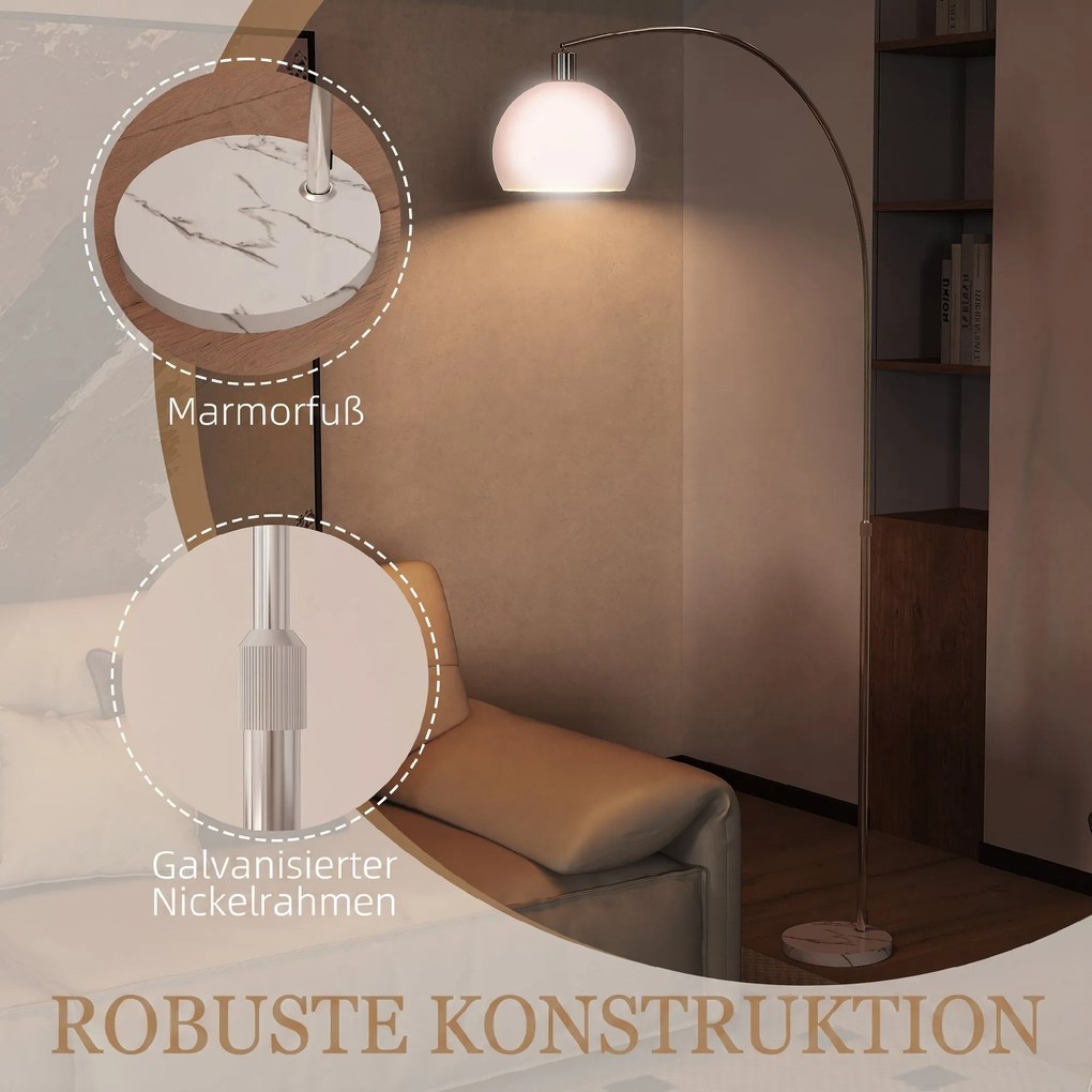 HOMCOM Stojací lampa, ohnutá hlava, nožní spínač, mramorový podstavec, plastový stínidlo, bílá