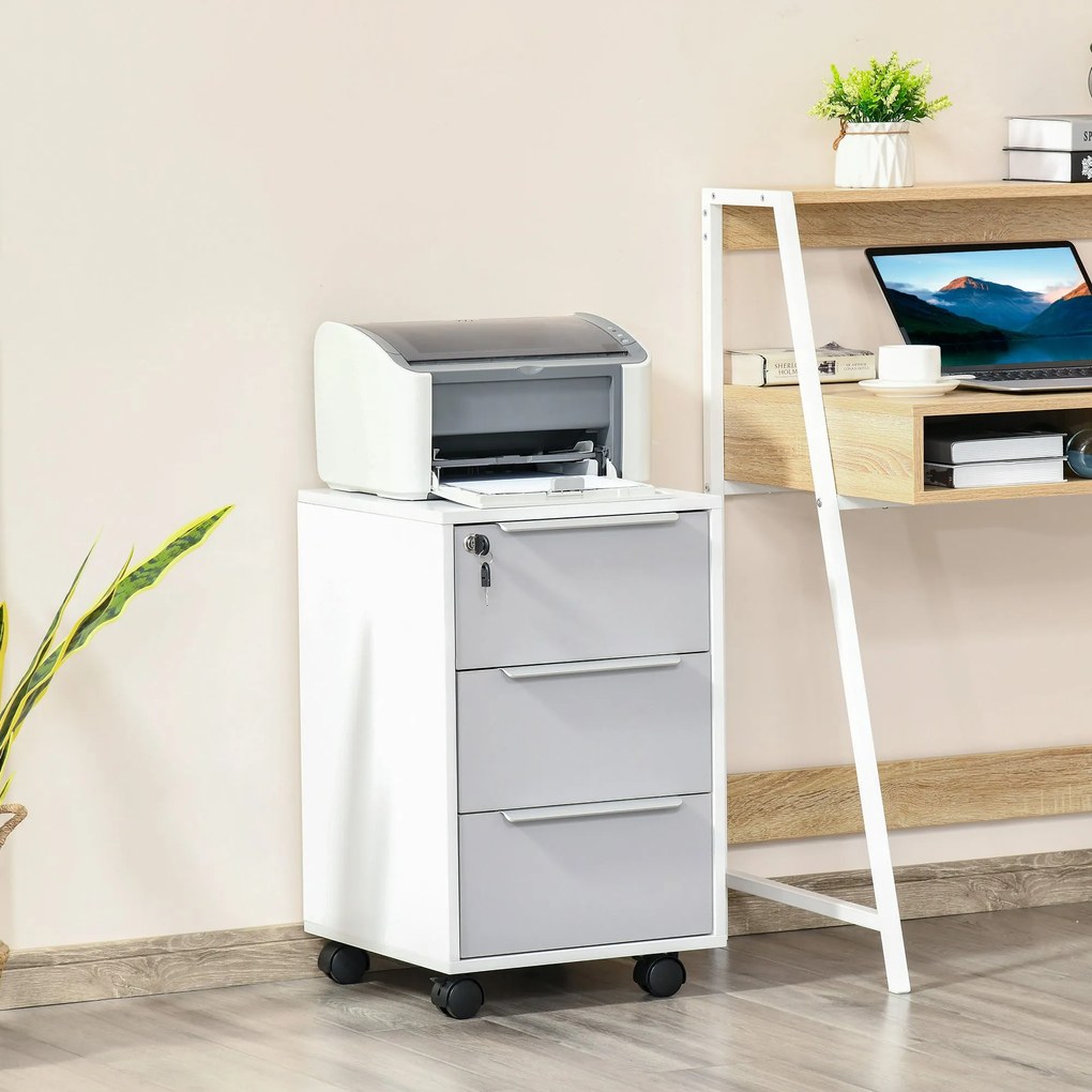 HOMCOM zásuvková jednotka se 3 zásuvkami – kancelářský file cabinet s kolečky, zámkem a 2 klíči pro domácí kancelář 40x40x63,5 cm bílá a šedá