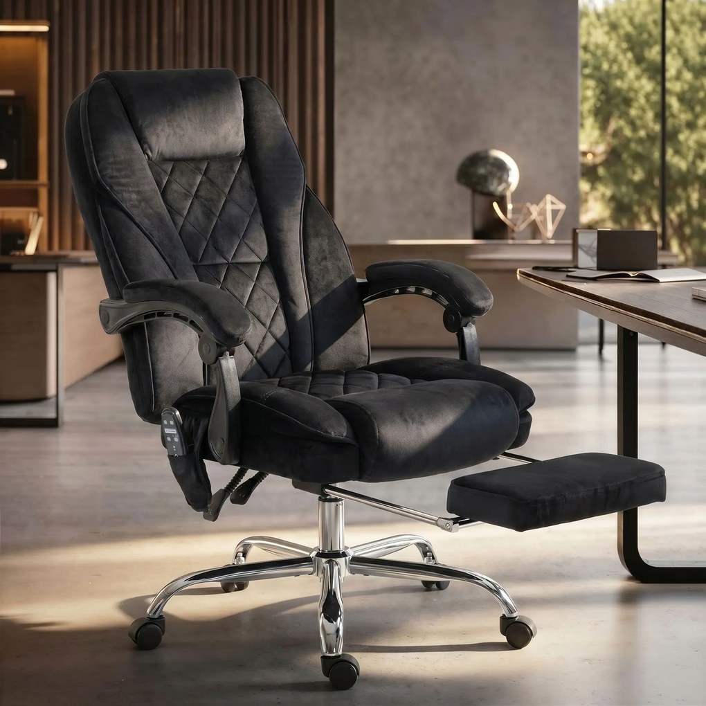 Masážní kancelářské křeslo Vinsetto s vyhříváním — ergonomické, polohovatelné, s nastavitelnou výškou, kabelovým ovládáním, výsuvnou podnožkou a 360°…
