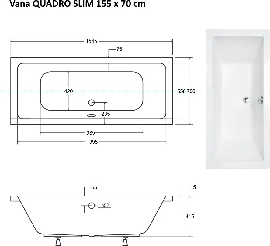 Besco Quadro Slim obdélníková vana 155 x 70 cm akrylát bílá VANQAUD155SLIM new