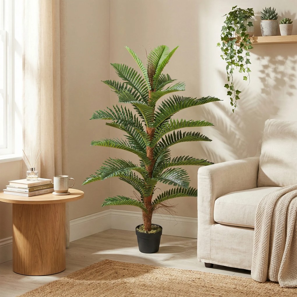 HOMCOM Umělá palma 120 cm s 24 listy z PEVA, dekorativní rostlina s plastovým květináčem, zelená