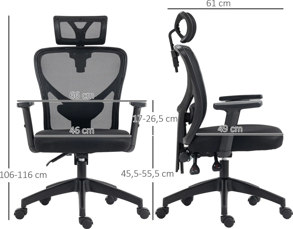 Vinsetto Kancelářská Židle, Kancelářská Židle, Nastavitelný Hlava a Opěrky Rukou, Naklápěcí Ergonomický Opěrák, Výškově Nastavitelný Sedák, Otočná, P…