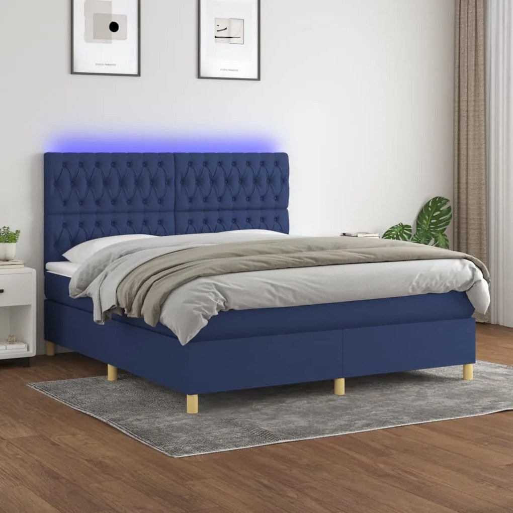 Box spring postel s matrací a LED modrá 180x200 cm textil