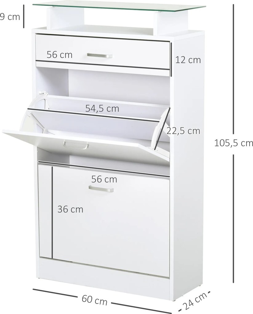 HOMCOM Botník s 3 šuplíky, skleněnou policí a hliníkovými úchyty pro předsíň, nosnost 50 kg, 60x24x105,5 cm, bílý