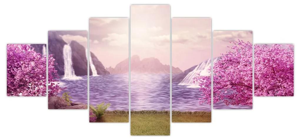 Obraz růžových stromů s jezerem (210x100 cm)