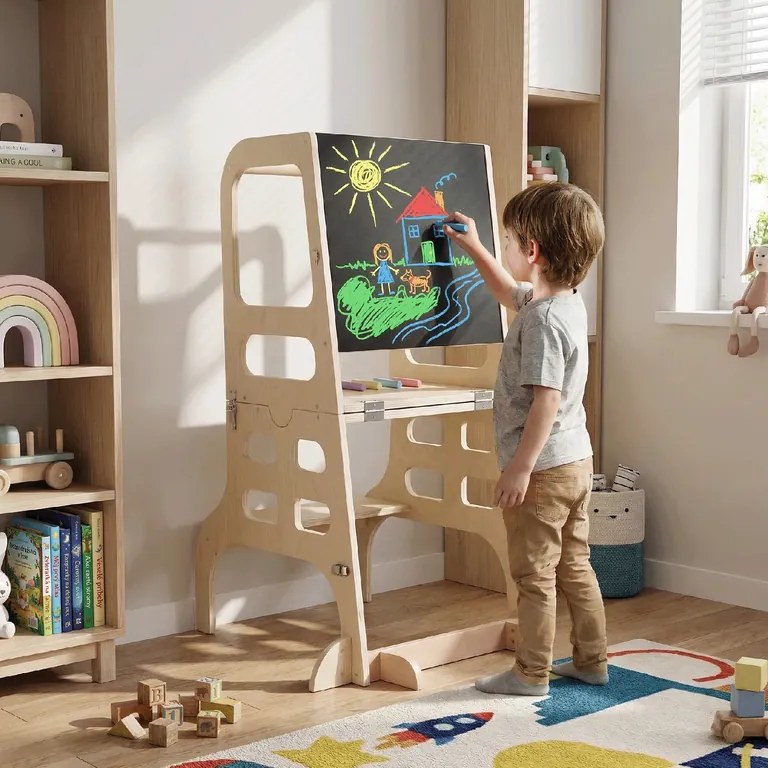 Montessori učící věž 3v1 s tabulí MONTI - přírodní