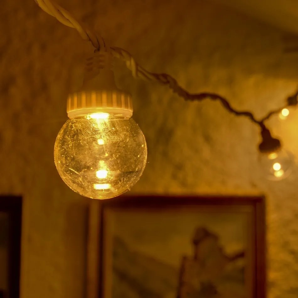 Easy Fix LED party osvětlení, 5 m, venkovní, 10 transparentních kouliček, 70 teple bílých diod, bílý kabel, IP67, prodlužovací