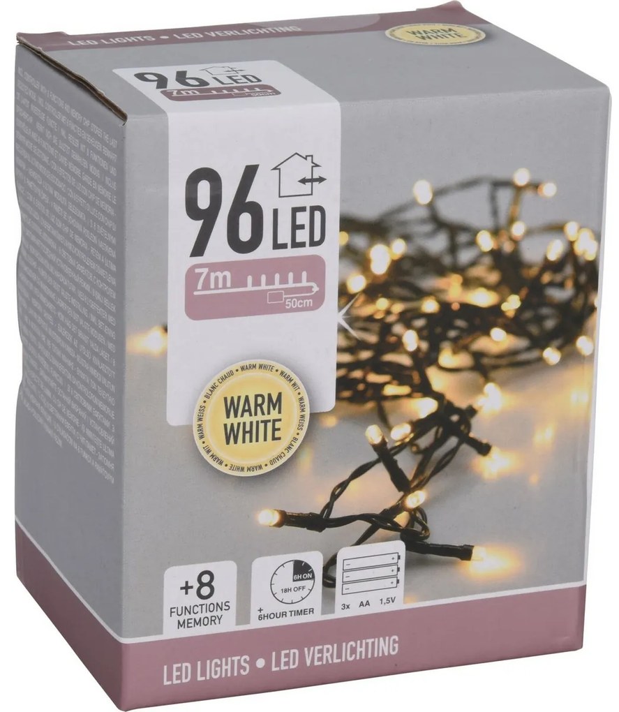 LED Vánoční venkovní řetěz teplá bílá, 96x LED, 7 m, na baterie 3x AA, časovač, 4HOME