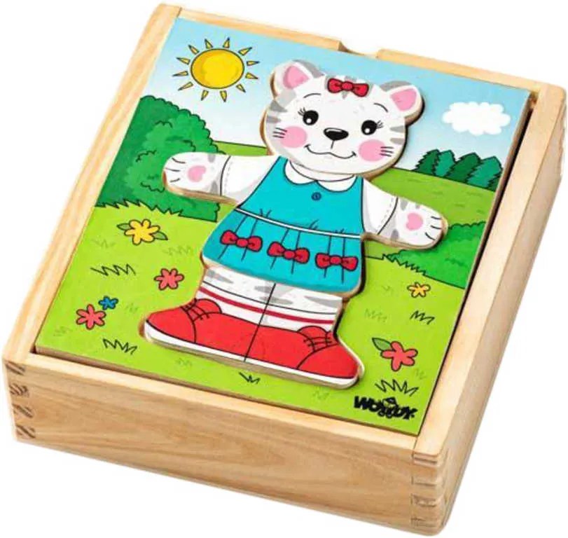 WOODY DŘEVO Baby puzzle šatní skříň kočička 18 dílků *DŘEVĚNÉ HRAČKY* 90019