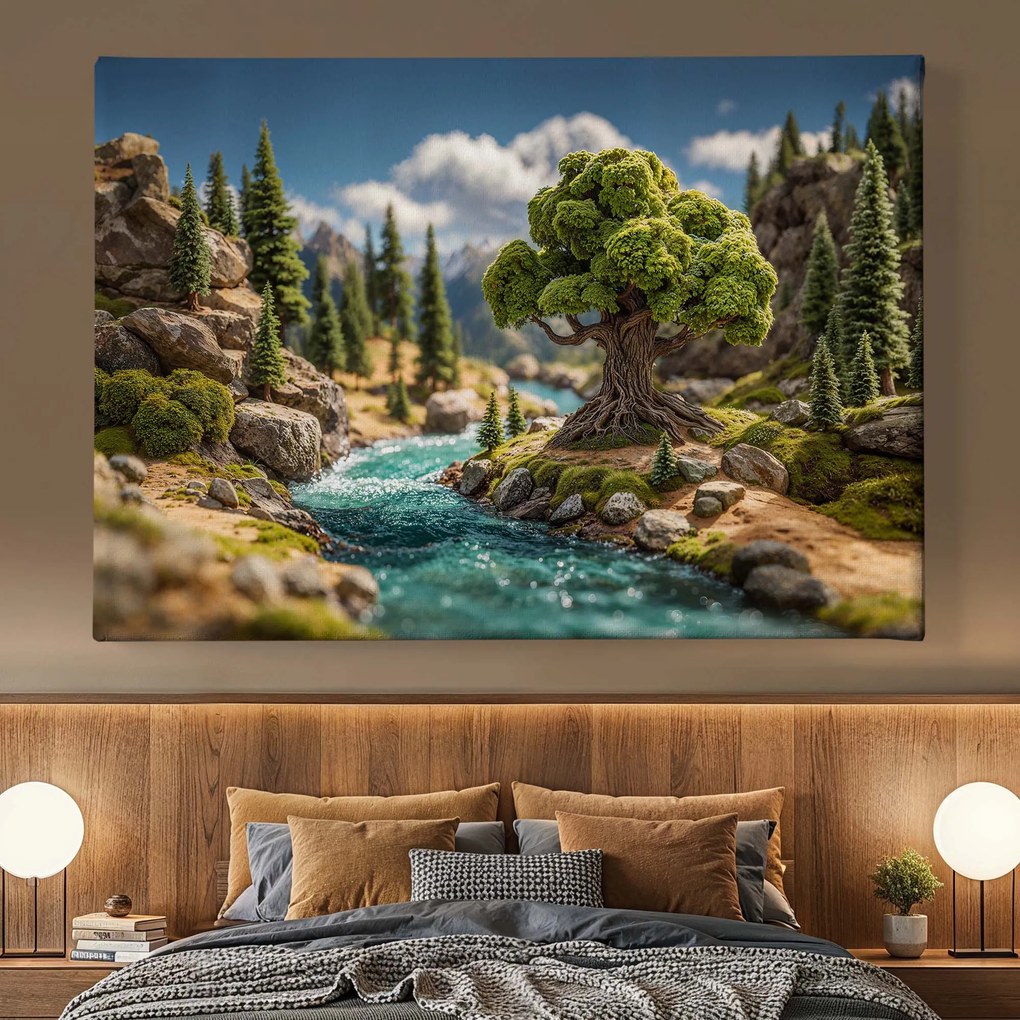 Obraz na plátně - Strom života Říční údolí, diorama FeelHappy.cz Velikost obrazu (šířka x výška): 210 x 140 cm