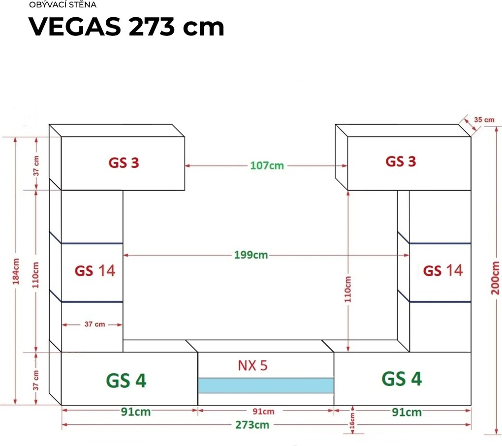 Ral Obývací stěna VEGAS 3, 273 cm - Černý lesk