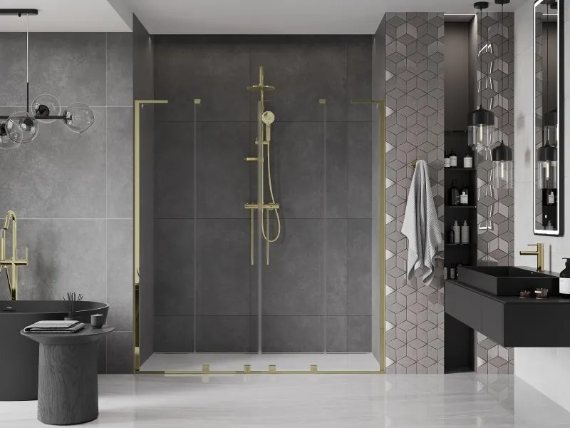 Mexen Velar L Duo, posuvné sprchové dveře do otvoru 200 cm, 8mm čiré sklo, zlatá lesklá, 871-200-003-02-50