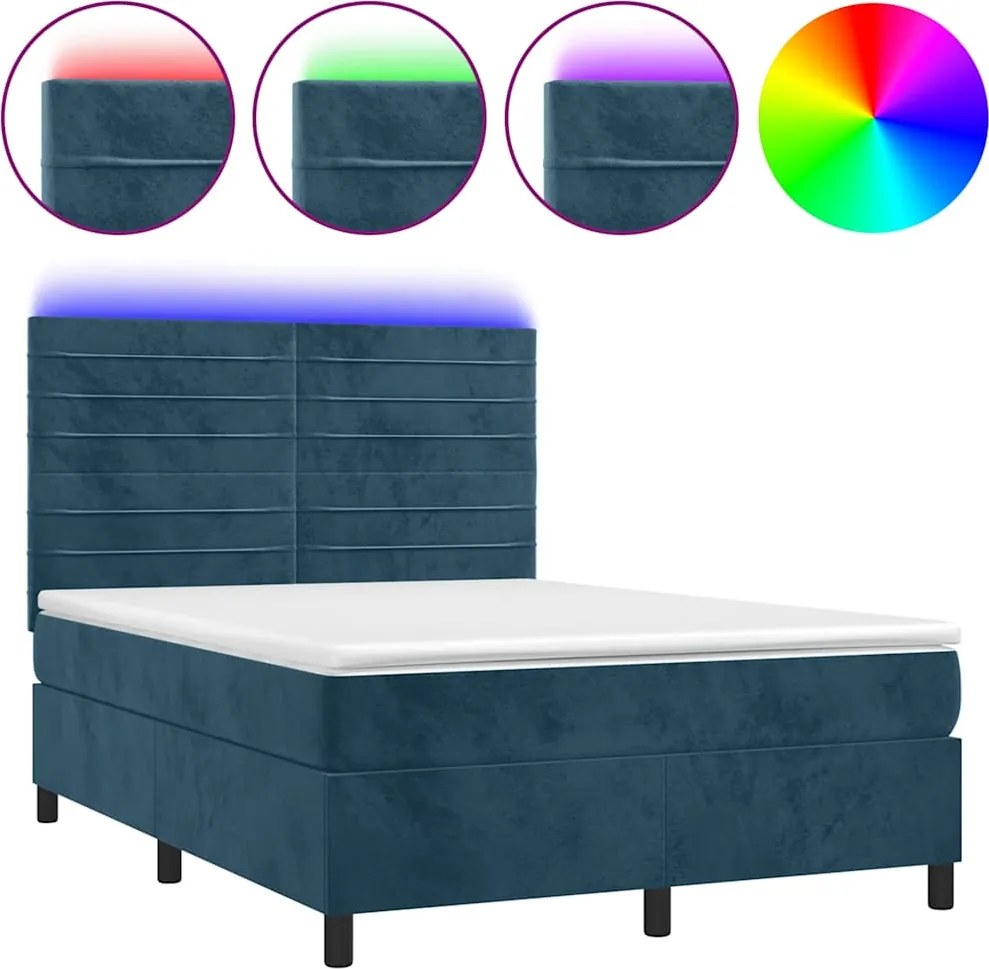 Box spring postel s matrací a LED tmavě modrá 140x200 cm samet 3136189