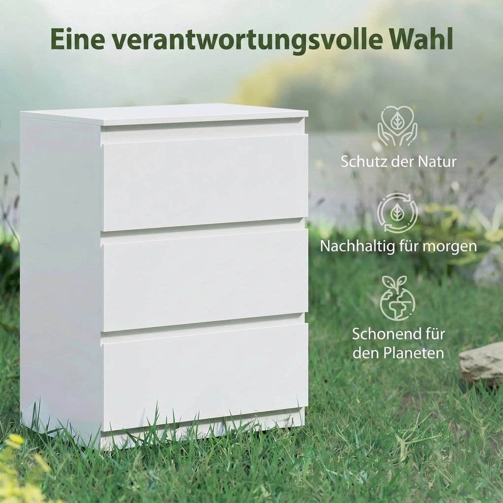 HOMCOM 3zásuvková komoda – moderní bílá bezúchytová komoda do obývacího pokoje, ložnice a předsíně, 55 x 34 x 75 cm