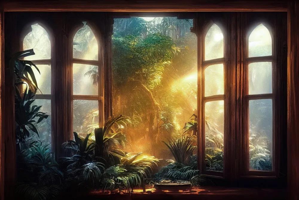 Fototapeta A Large Arch-Shaped Window, A Portal In The Dark Mystical Forest, The Sun&amp;#039;s Rays Pass Through The Window And Trees, Shadows. Fantasy Beautiful Forest Fantasy Landscape. 3D . Hladký vinyl 368x254